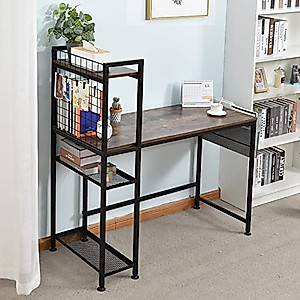TOOLF Computer Desk with 4 Tier Shelves for Home Office, 47" Writing Study Table with Grid Panel and 4 Hooks, Multipurpose Desk with Storage Bag for PC Laptop