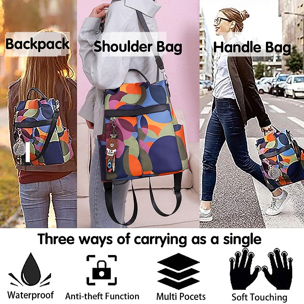 COFIHOME HAOOT Fashion Backpack for Women Waterproof Rucksack Daypack Anti-theft Shoulder Bag Handbag Casual Travel Bag Hiking Backpack Purse with Pom Pom Keychain