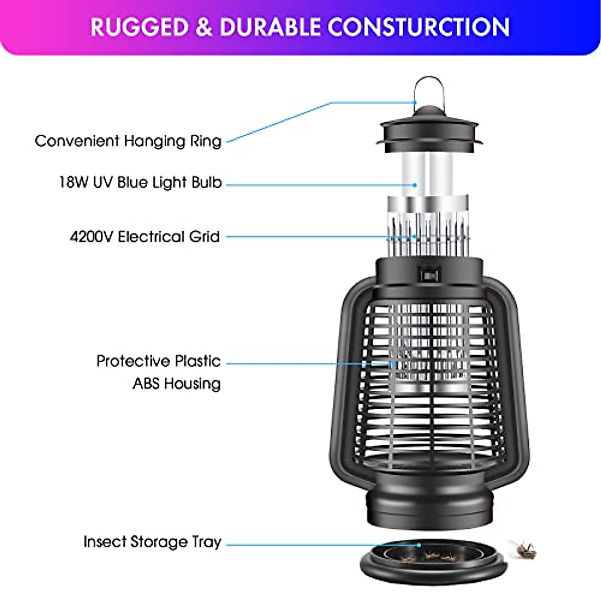 ICFPWR Bug Zapper Outdoor, 18W & 4200V Powerful Electric Fly Traps Outdoor for Patio Backyard and Home, Mosquito Zapper Bug Zapper Indoor for Mosquitoes Flies Bugs