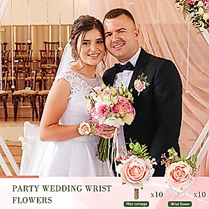 Sherr 20 Pcs Rose Wrist Corsage and Boutonniere Set Flower Wrist Corsage Wristlet Band Bracelet Bridegroom Men's Boutonniere Wedding Wristlet Hand Flower for Prom Party Bouquets Accessories (Pink)