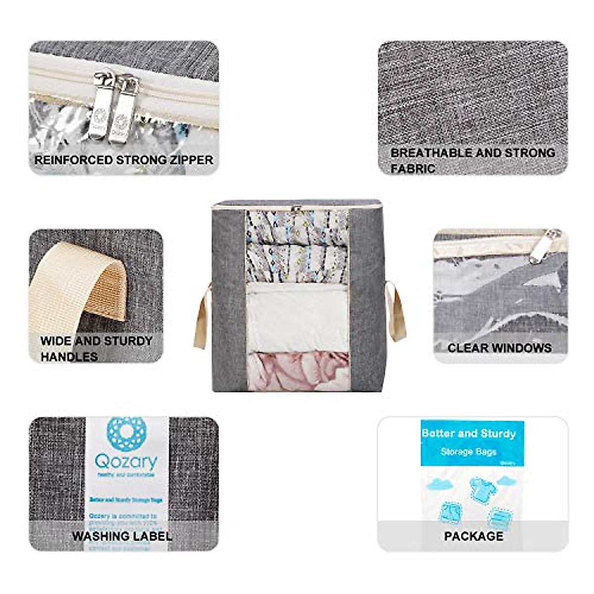 Qozary 3 Pack Large Storage Bags for Comforters, Blankets, Clothes, Quilts and Towels, Better and Sturdy Under Bed Organizer Bag for Closets, Bedrooms (Gray, Extra Large - 122L - 20.47x 16.53x 22")