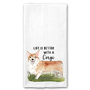Watercolor Life is Better with a Corgi Microfiber Kitchen Tea Bar Towel Gift for Animal Dog Lover