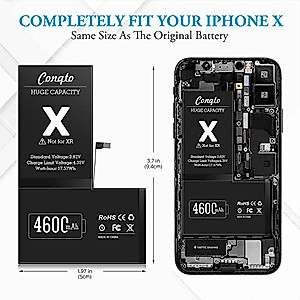 [4600mAh] Battery for iPhone X, (2023 New Version)Conqto New Upgrade 0 Cycle Ultra High Capacity Battery Replacement for iPhone X Model A1865, A1901, A1902 with Full Set Professional Repair Tool Kits