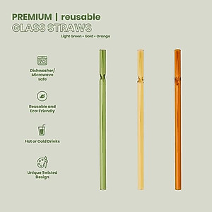 Sweeter Glass Drinking Straw Set | 3-Piece Sleek and Colorful Reusable Straws | 8MM x 10MM | Hot or Cold Drink | Eco-Friendly | Dishwasher Safe (Gold/Light Green/Orange)
