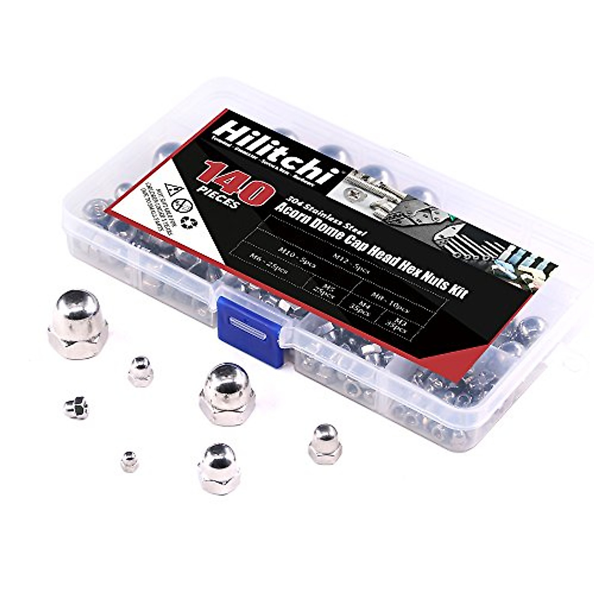 Hilitchi 140-Pcs M3 M4 M5 M6 M8 M10 M12 Acorn Dome Cap Head Hex Nuts Assortment Kit, 304Stainless Steel