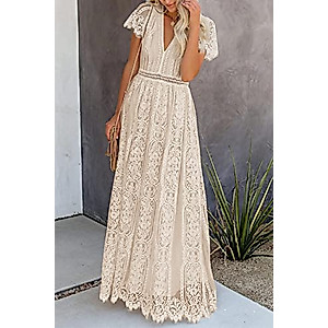 PRETTYGARDEN Women's Floral Lace Maxi Dress 2023 Short Sleeve V Neck Bridesmaid Wedding Evening Party Dresses (Apricot,Medium)