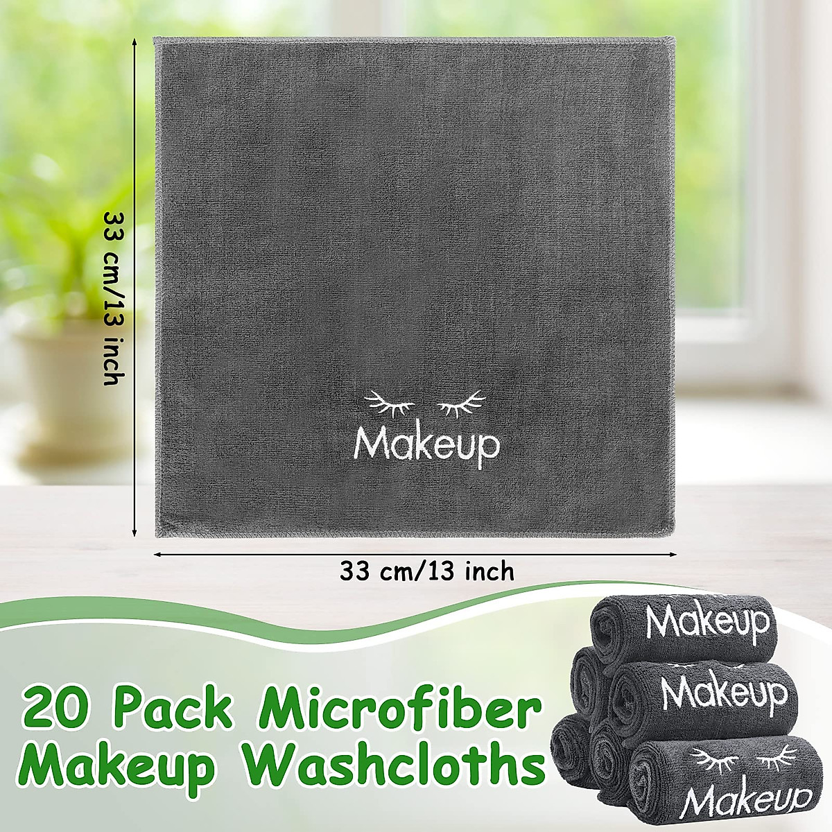 20 Pcs Makeup Remover Washcloths 13 x 13 Inches Microfiber Makeup Towels Bulk Absorbent Face Towels Reusable Soft Cotton Makeup Face Cloths with Makeup Embroidery for Women Gifts (Grey)