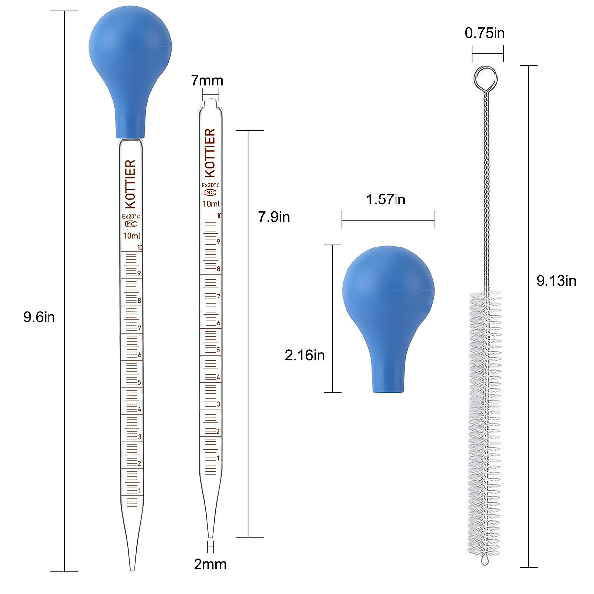 MRXBN 10ml Glass Pipettes Dropper, Lab Graduated Dropper for Liquid Essential Oil, Glass Transfer Pipette with Rubber Bulb and Cleaning Brush (2 pieces)