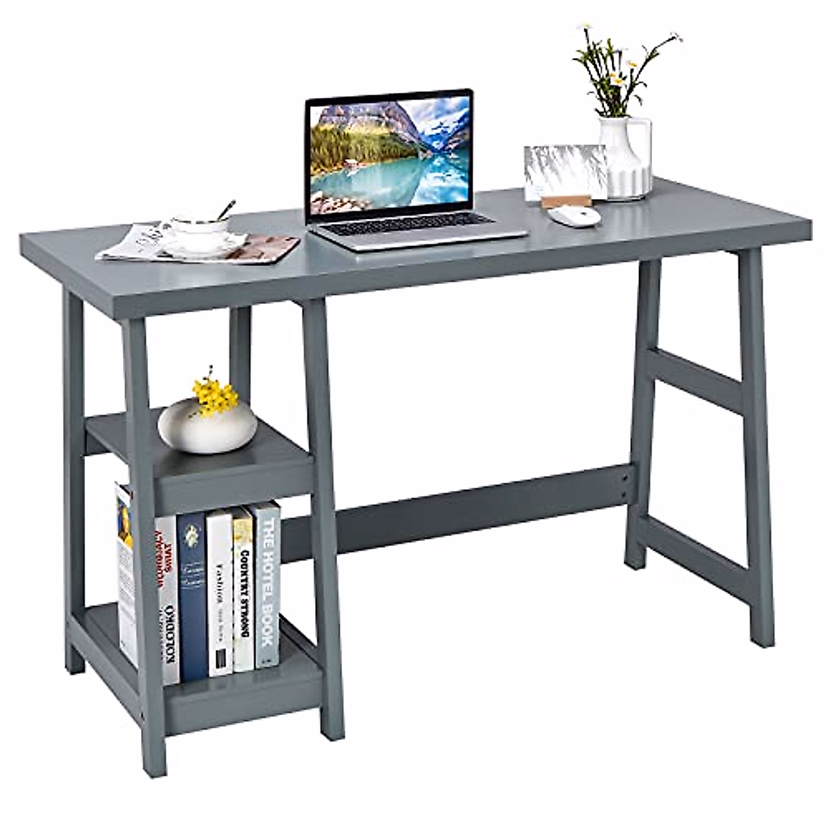 Tangkula Computer Desk with Shelves, Modern Trestle Desk Home Office Desk with Storage Shelf, Space Saving Study Writing Desk, Desk for Bedroom