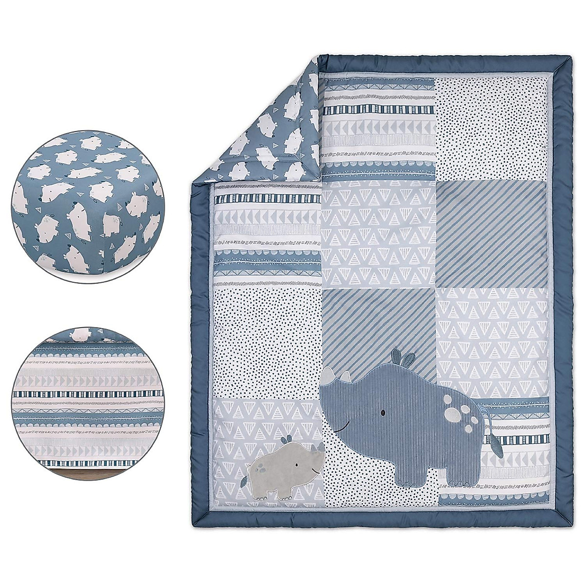 The Peanutshell Crib Bedding Set for Boys or Girls, Unisex 3 Piece Blue Rhino Nursery Collection