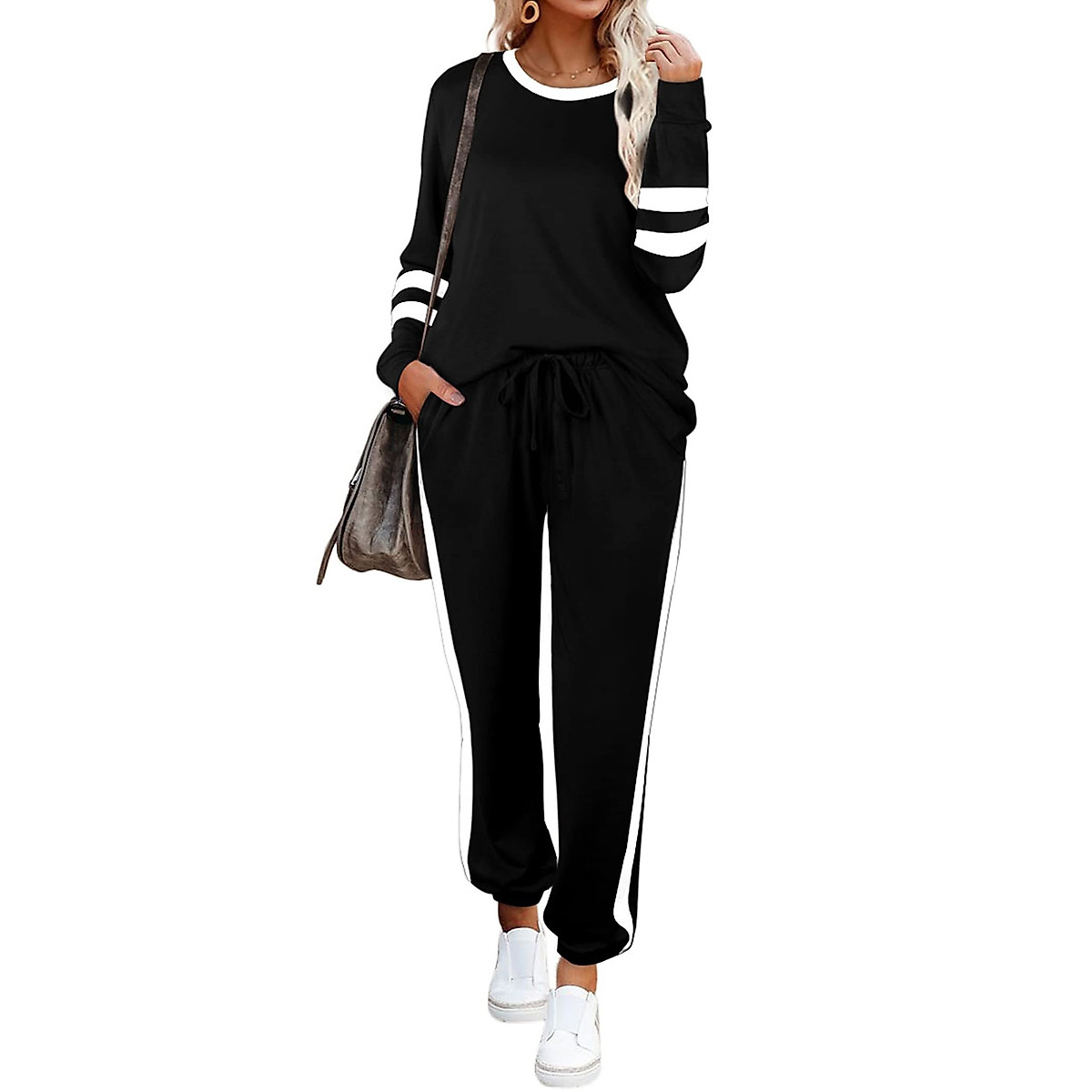 Aloodor Workout Sets for Women 2 Piece Outfits Casual Loose Fitting Tops Black 2XL