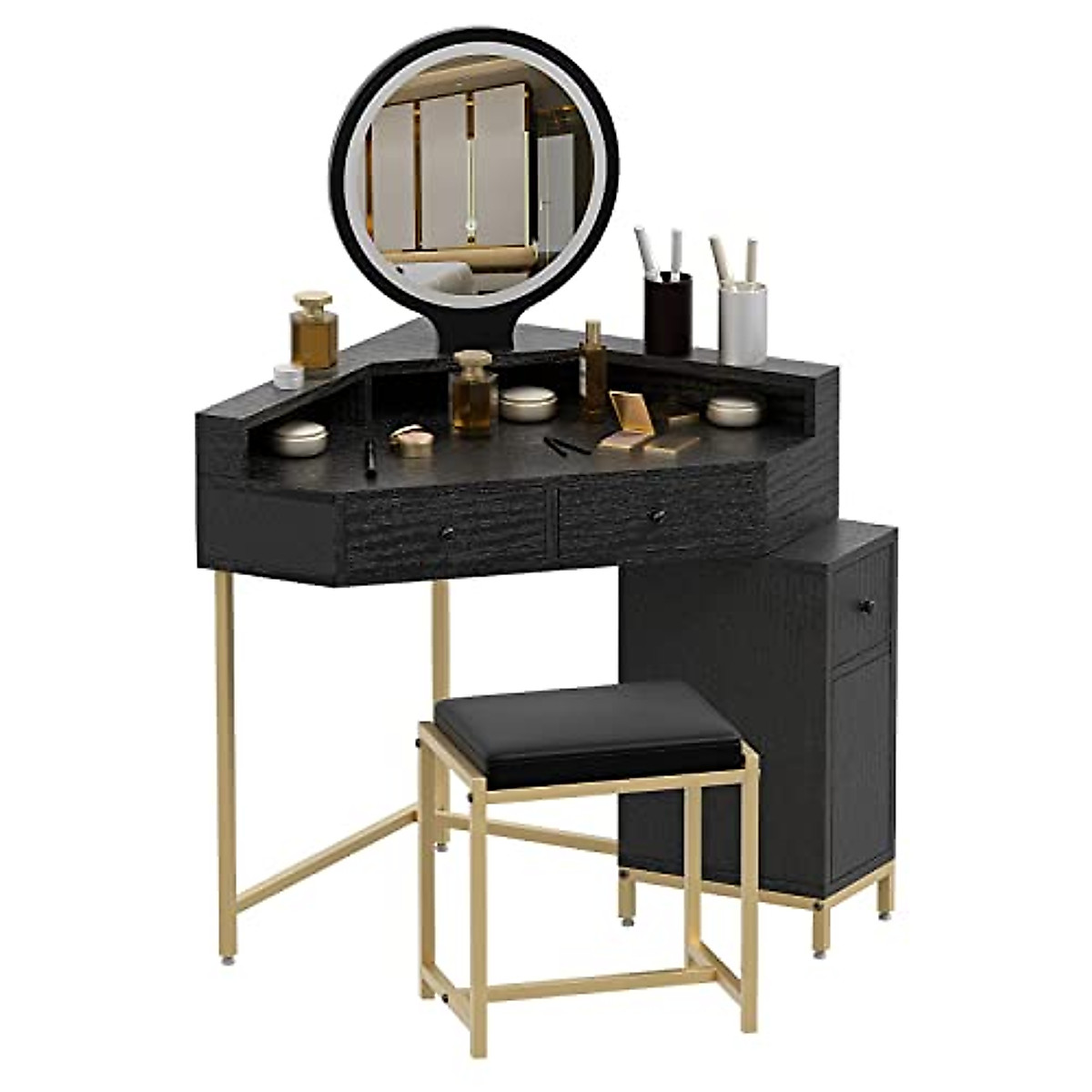 Visiblesser Corner Vanity Desk with Mirror and Lights, Black Vanity Table with Drawers, Dressing Table with 3 Dimming Lights, Corner Makeup Vanity with Stool