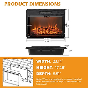 ORALNER Electric Fireplace Insert 23 Inch, Recessed Fireplace Heater w/ 3 LED Flame Effects, Remote Control & 6H Timer, Overheat Protection, Indoor Fireplace Insert for TV Stand, 1400W, Black