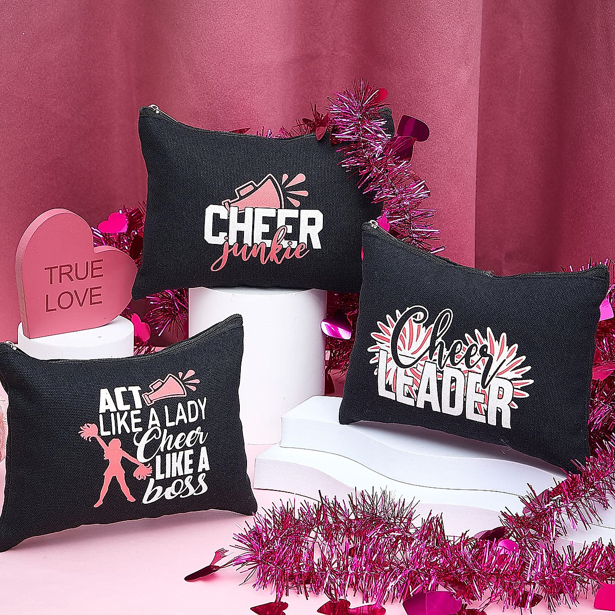 Saintrygo 9 Pieces Cheer Makeup Bags Canvas Cheer Bag Cosmetic for Cheerleaders Gifts Cheer Portable Travel Cheerleading Bag Toiletry Cheer Makeup Case Gift Zipper Pouches for Teammates Girls (Black)