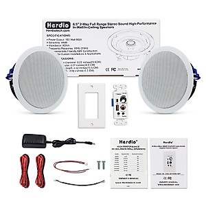 Herdio 6.5 Inch Bluetooth Ceiling Speakers 320W 2-Way Flush Mount in Wall Amplifier Receiver Perfect for Home Theater Bathroom Living Room Kitchen Office (White, Pair)