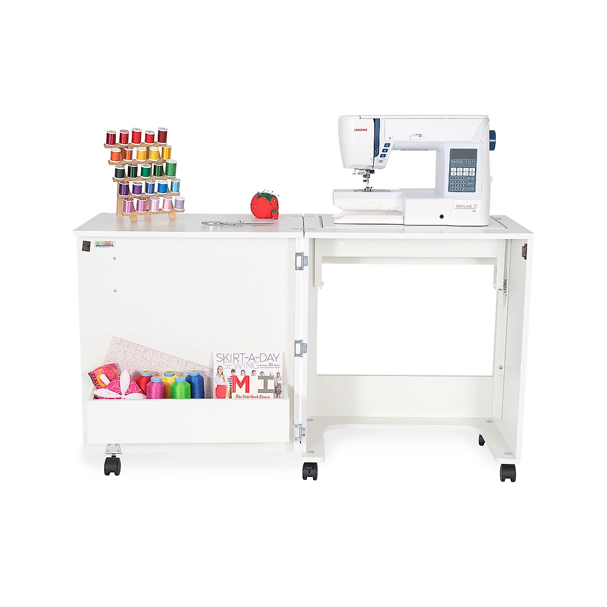 Arrow Sewing Classic Furniture “Judy” Sewing Cabinet: Portable, Folding, Compact, Locking Wheels, with Storage Bin and Hydraulic Machine Lift-White