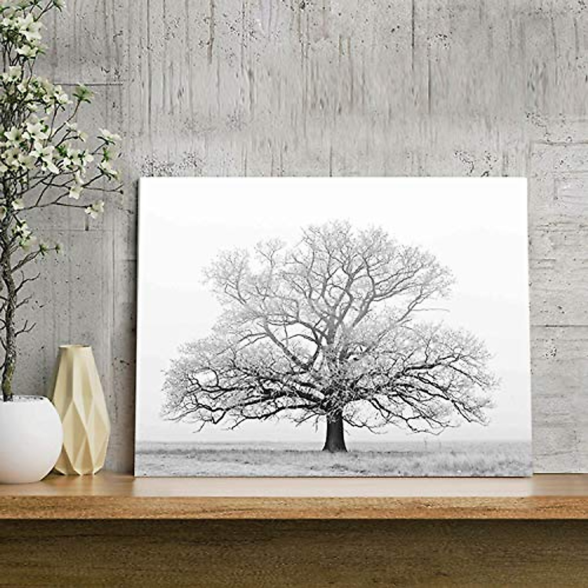 Winter Tree Canvas Print Artwork: Grey & White Landscape Print Wall Art for Bathroom (16'' x 12'')