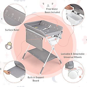 BABY JOY Portable Baby Changing Table, Foldable Diaper Changing Station w/Wheels, Adjustable Height, Large Storage Rack, Water Basin, Safety Belt, Mobile Nursery Organizer for Newborn Infant (Gray)