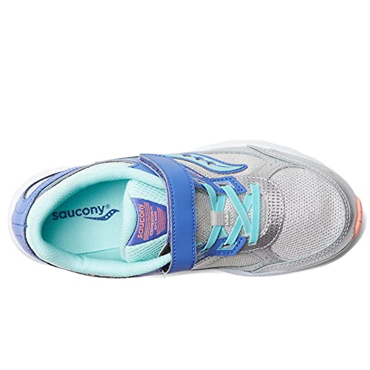 Saucony Cohesion 14 Alternative Closure Running Shoe, Silver/Periwinkle/Turq, 2 US Unisex Big Kid