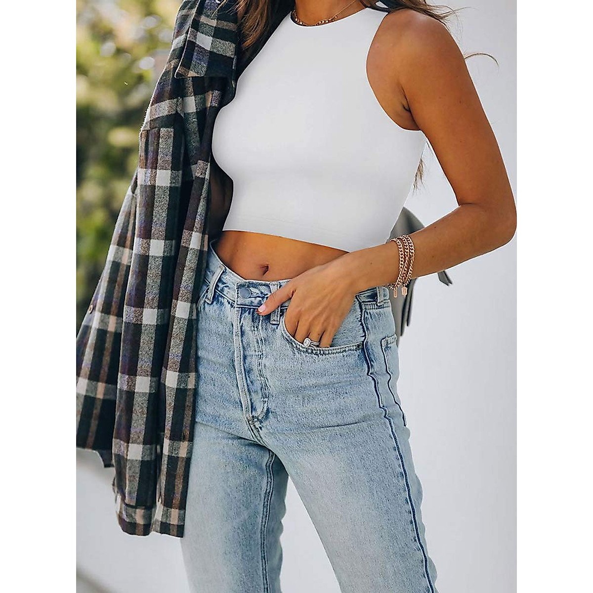 REORIA Women's Sexy Sleeveless High Neck Racerback Cropped Tank Tops Cute Teen Girls Halter Neck Crop Tops Vest White Small