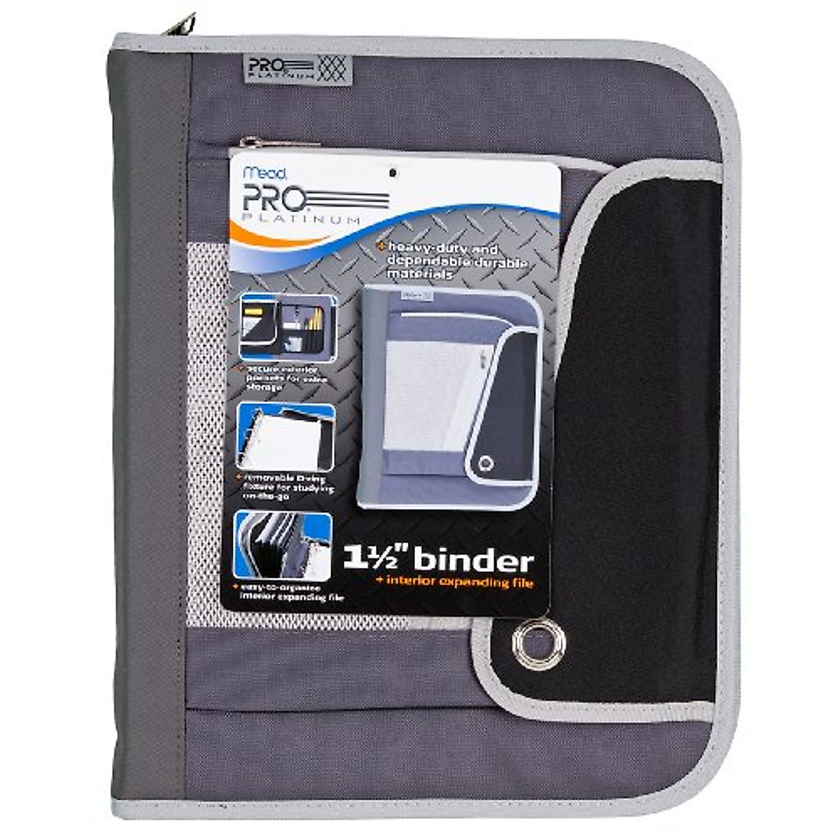 Mead 1-1/2Inch Zipper Binder, 3 Ring Binder, Heavy Duty, PRO Platinum, Gray/Black (72862)