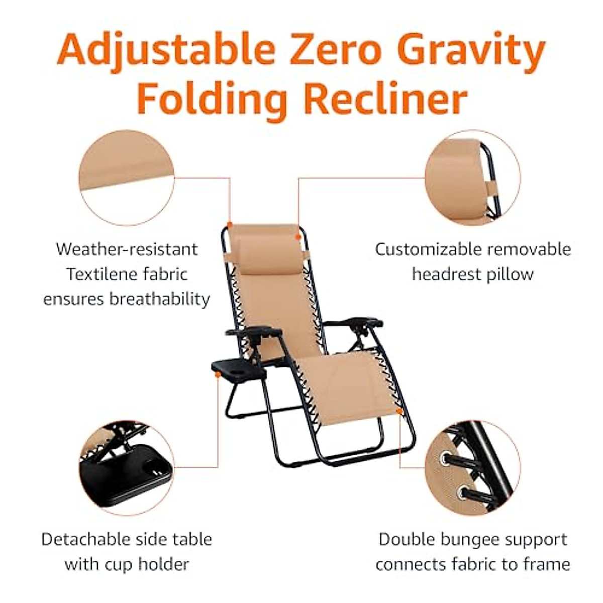 Amazon Basics Outdoor Textilene Adjustable Zero Gravity Folding Reclining Lounge Chair with Pillow, 26", Beige