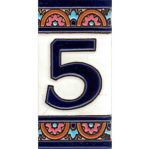 Toro del Oro - House Number - Number for House, Glazed Ceramic, Hand Painted Spanish Technique Cuerda Seca, Names and Addresses, Blue Bow Model 5.5 x 10.5 cm (5)
