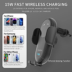 Wireless Car Charger Mount,Infrared Smart Sensor 15W Fast Charging,Kharly Fashion Auto Clamping Phone Holder for Car Vent Phone Mount Wireless Charger for iPhone 14/13/12/11 Pro Max/S22 Ultra（Black）