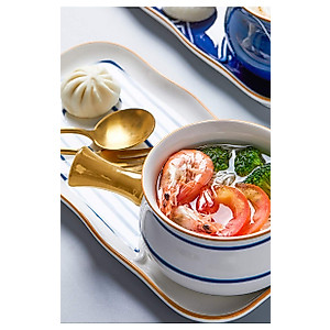 Jusalpha Individualized Creative Breakfast Bowl Set with Handle, Ceramic Cutlery Dinnerware Tableware Set Breakfast Plate Oatmeal Bowl Mug, Soup Bowl -Breakfast for One 01 (Strip Pattern)