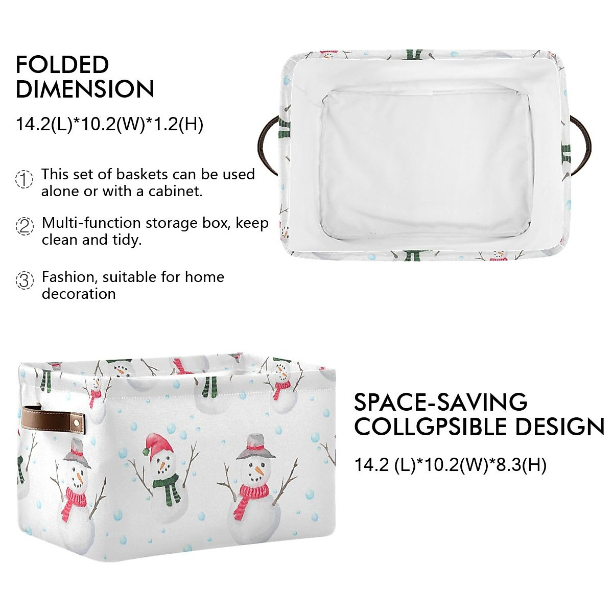 Cute Snowmen Christmas Storage Basket Bins Decorative Toy Laundry Basket Organization with Handles for Living Room Clothes Nursery Closet Shelf Playroom,1 pcs