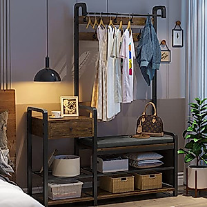 Itaar Hall Tree, Entryway Bench, Coat Rack Shoe Bench, Shoe Storage and Storage Drawer, Soft Cushion and Hanging Rod for Living Room, Bedroom, Rustic Brown