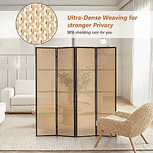 Leesinwing Wood Room Divider, 4 Panels Room Dividers and Folding Privacy Screens, Hand-Woven Rattan Room Divider Wall Freestanding Room Partitions Screen for Home Office Bedroom, Black