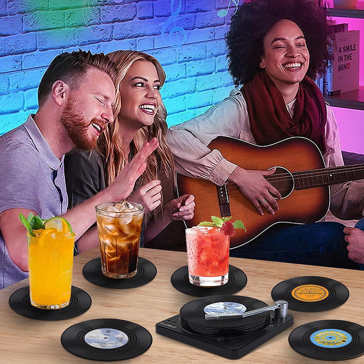 Funny Retro Vinyl Record Coasters for Drinks with Vinyl Record Player Holder for Music Lovers,Set of 6 Conversation Piece Sayings Drink Coaster,Housewarming Hostess Gifts, Wedding Registry Gift Ideas