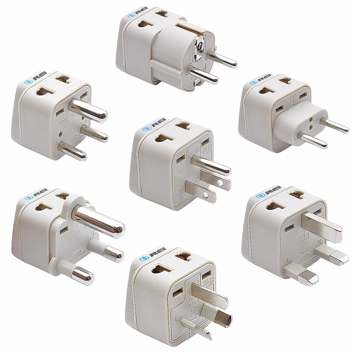 OREI 7 World Travel Adapter Plug Set Safe Grounded for Europe, Germany, Italy, S. Africa, China, Australia, UK, India and More