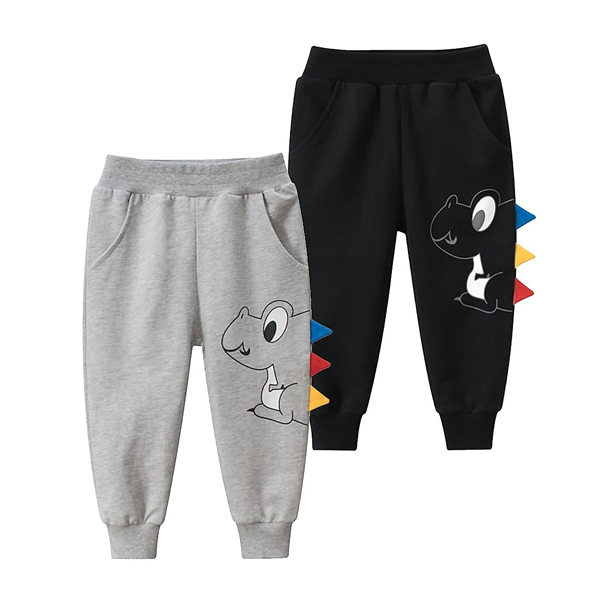GFQLONG Toddler Baby Boys 2 Pack Cotton Dinosaur Active Jogger Pants,Kids Cartoon Sweatpants Casual Lounging Bottoms (Black+Grey, 4-5T)
