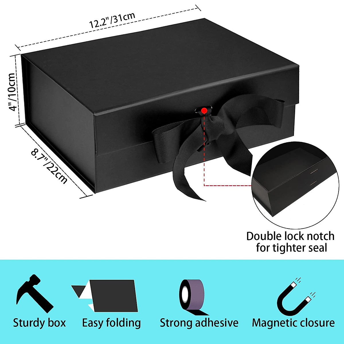 Large Black Luxury Magnetic Gift Box with Lid, Ribbons and Gift Bag, 12.2x8.7x4 Inches, Great for Business, Christmas, New Year, Wedding, Birthdays, Groomsman, Husband, Father's Day, Presents Display and Packging