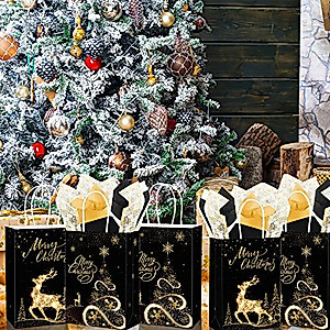 Funrous Gold Black Christmas Bags with Tissue Paper Xmas Black and Gold Gift Bags Metallic Gold Black Goody Treat Bags with Handles for Christmas Thanksgiving Candy Cookies Party Supplies (16 Pcs)