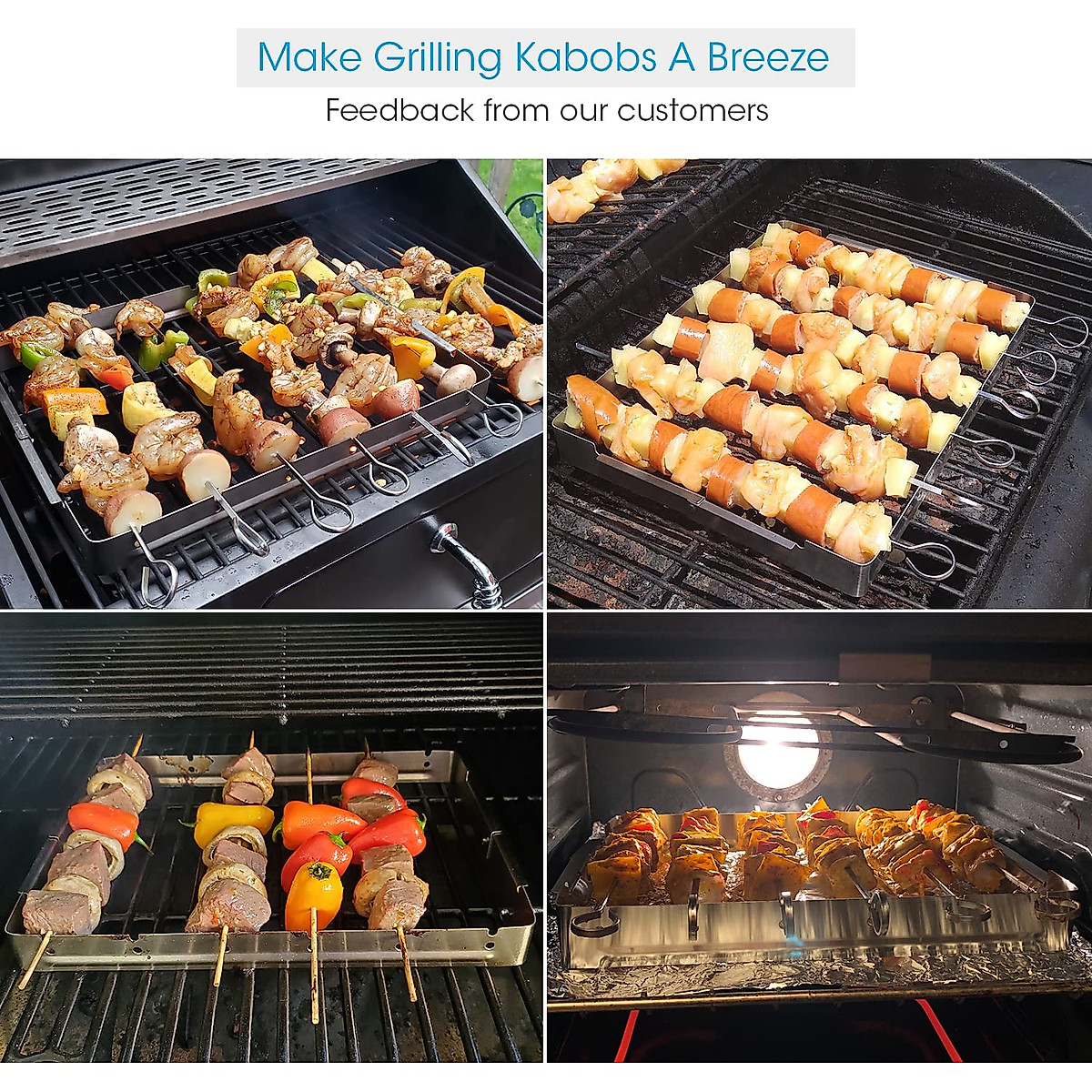 UNICOOK Heavy Duty Stainless Steel Barbecue Skewer Shish Kabob Set, 6pcs 13"L Skewer and Foldable Grill Rack Set, Durable and Reusable, Bonus of 50pcs 12.5"L Bamboo Skewers for Party and Cookout