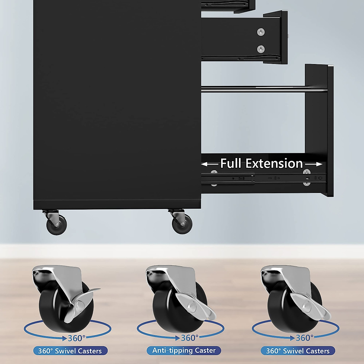 Kemon 3 Drawer Wood File Cabinet Mobile Lateral Filing Cabinet with Lock Printer Stand with Open Adjustable Storage Shelves for Home Office Organization Hanging Letter/Legal/F4/A4(Black)