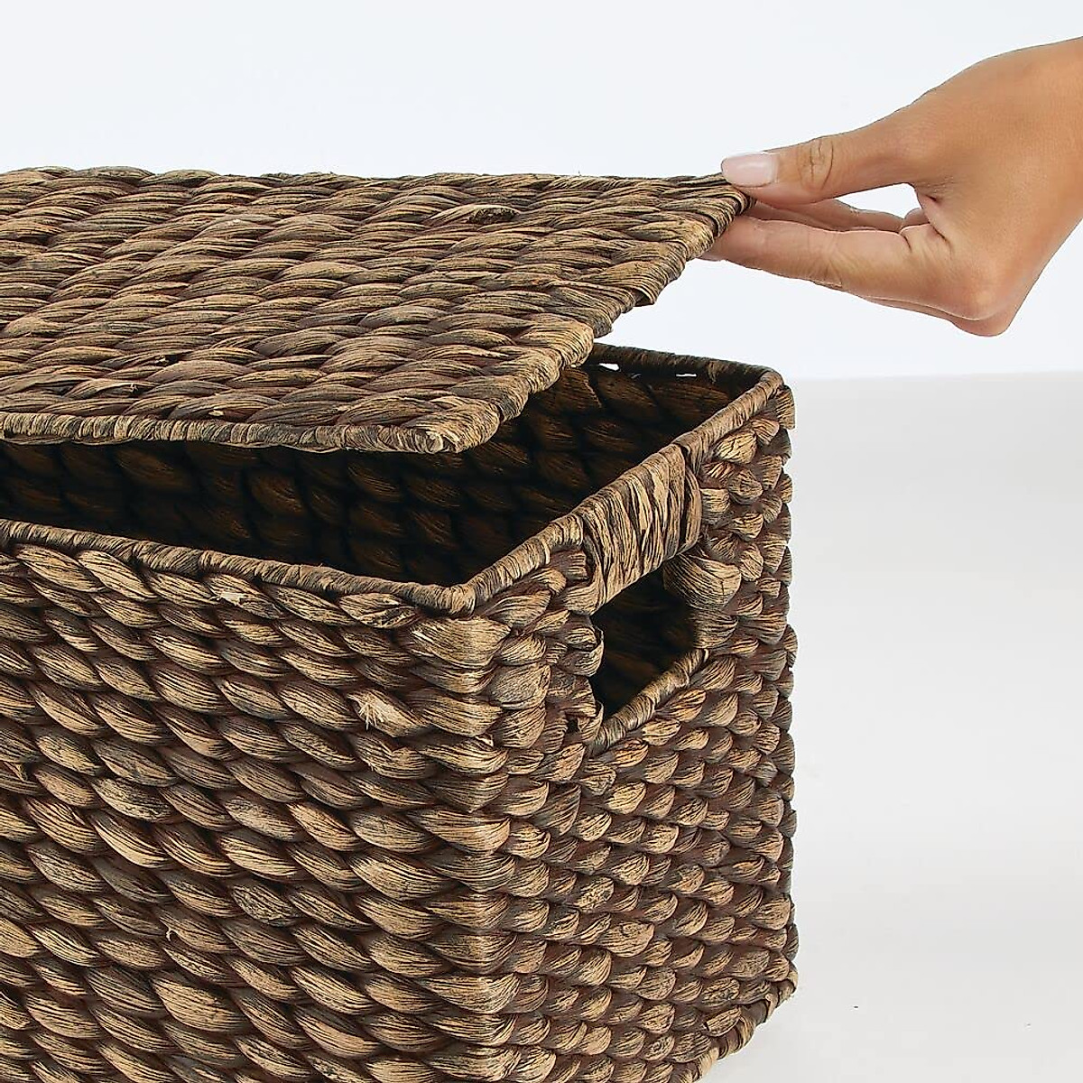 mDesign Woven Water Hyacinth Rectangle Storage Organizer Basket Bin with Topper Lid and Handles - Natural Farmhouse Holder Containers for Closet, Bedroom, Bathroom, Office - Set of 3 - Dark Brown