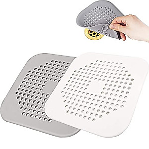 Hair Catcher,Square Drain Cover Silicone Drain Tub Stopper,for Bathtubs & Showers,Filter Shower Drain Protection Flat Strainer Stopper with Suction Cups for Kitchen Sinks (1 Grey + 1 White)
