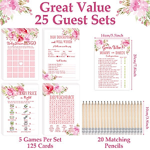 Outus 125 Pieces Floral Baby Shower Game for Girls 5 Games 20 Fun Complementary Pencils Baby Shower Games Activities Include Baby Descriptions and Wishes, Guess Who Games(250 Pieces)
