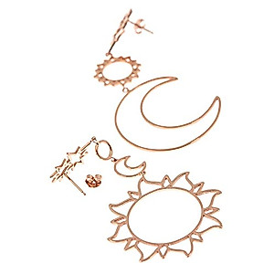 Bohemian Hollow Sun Moon Stars Asymmetric Big Drop Dangle Earrings for Women Jewelry-Gold