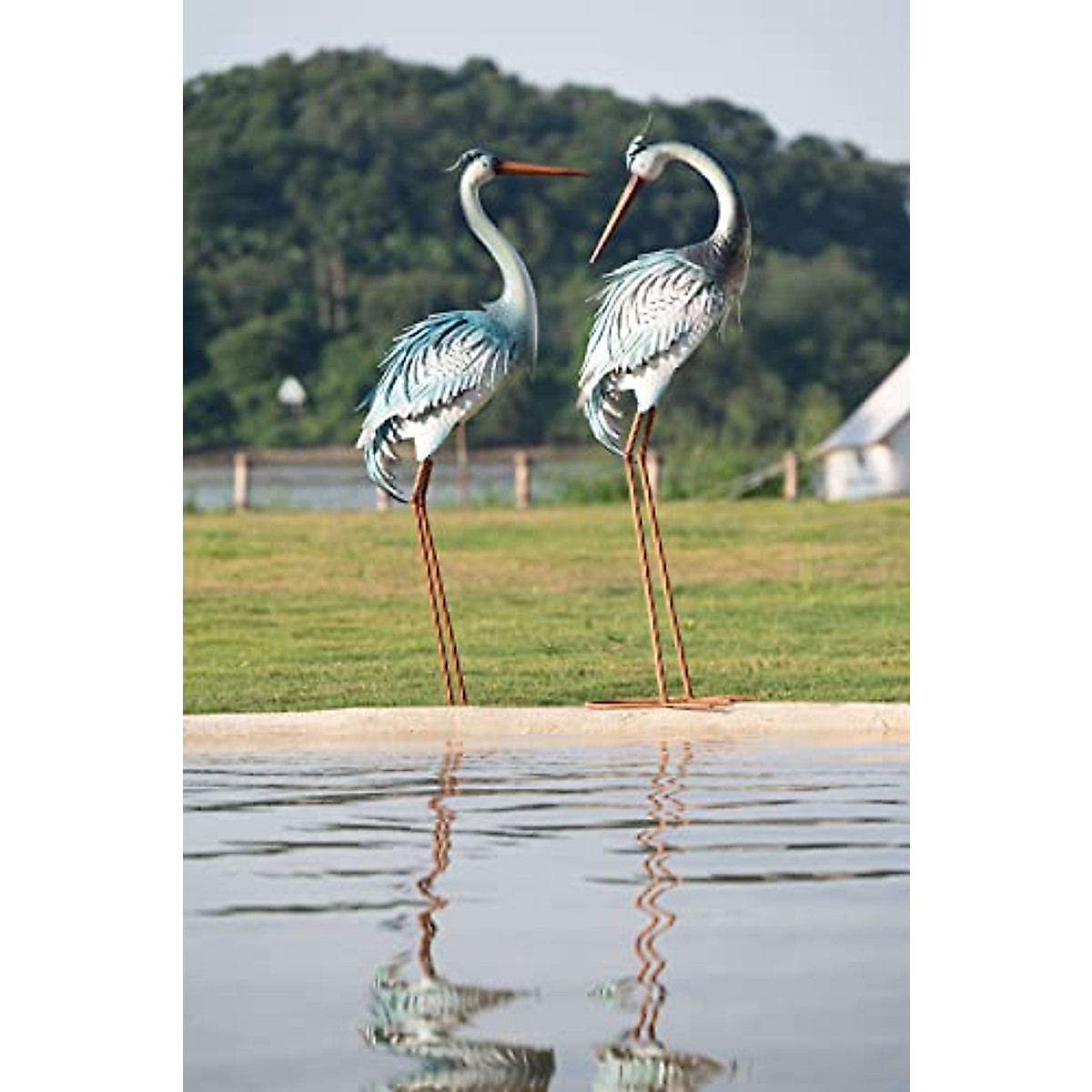 TERESA'S COLLECTIONS Large Blue Heron Garden Statues, 41.7-43.7 inch Standing Crane Sculpture Metal Yard Art Bird Decor Lawn Ornaments for Outdoor Patio Porch Outside Decorations, Set of 2