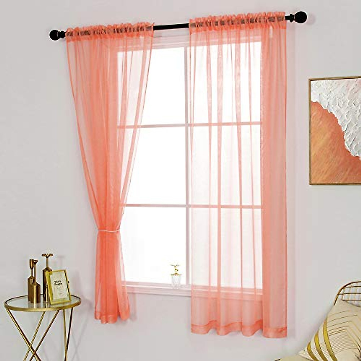 DUALIFE Coral Sheer Curtains for Living Room 63 Inch Length Textured Solid Voile Sheer Curtain Panels/Drapes for Girls Bedroom Set of 2 Panels Rod Pocket Top 52 x 63 Inch