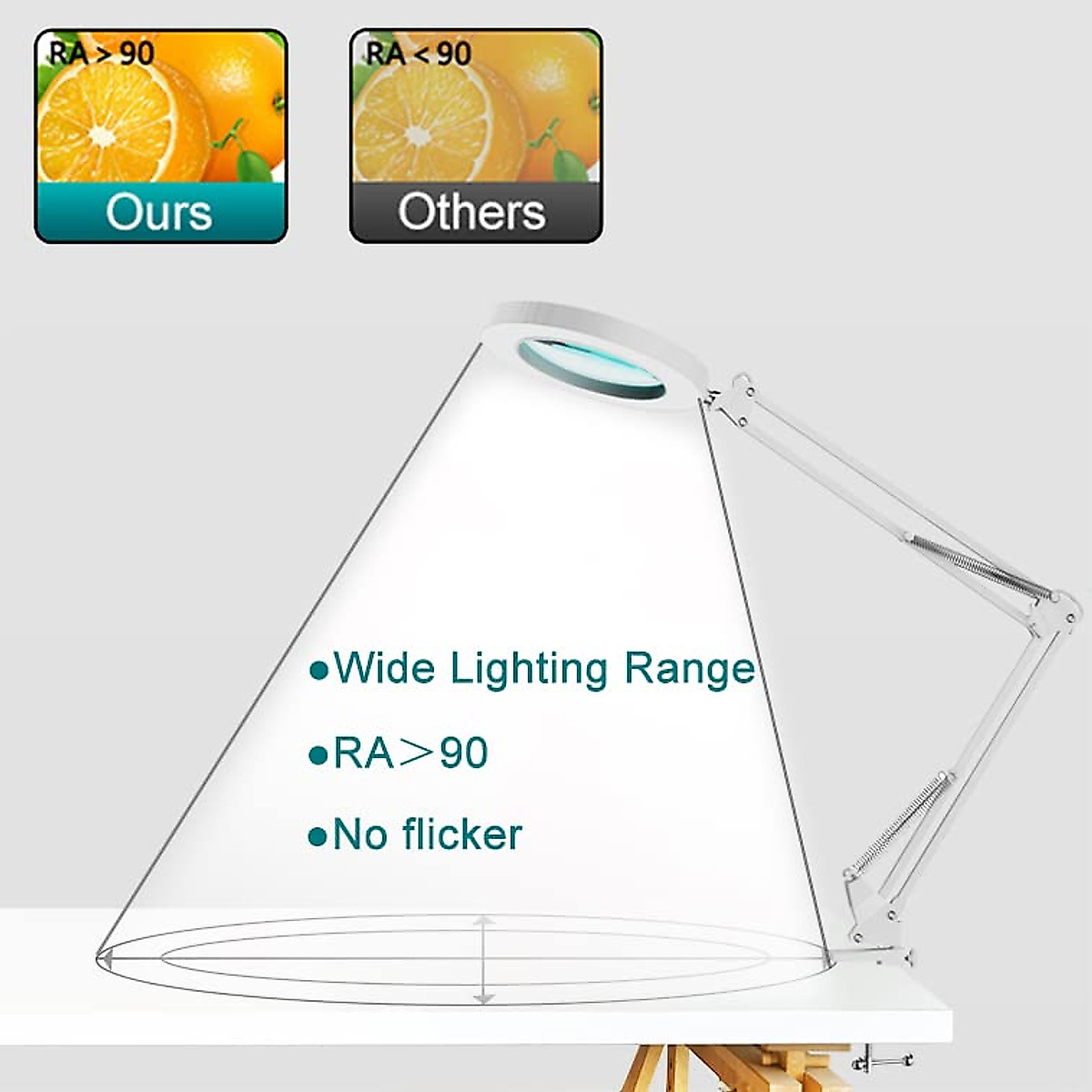 YOUKOYI LED Magnifying Lamp Metal Swing Arm Magnifier Lamp -10 Levels Brightness, 3 Color Modes, 5X Magnification, 4.1" Diameter Glass Lens, Adjustable Industrial Clamp for Reading/Office/Work (White)