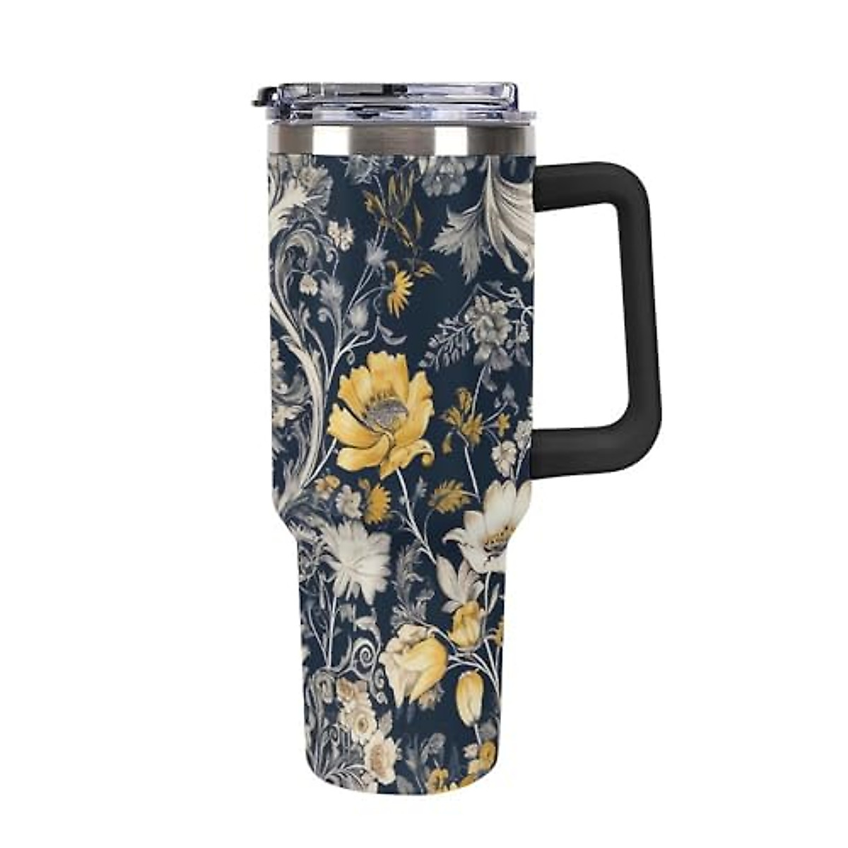 YTLKGFP 40 Oz Large Capacity Car Cup With Floral Pattern Tumbler with Handle (Black) Straw Lid Insulated Stainless Steel Water Bottle Travel Mug Leak-proof Car Cup Keeps Cold Or Hot