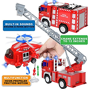TeganPlay Fire Truck 3 Pack Friction Powered Fire Rescue Vehicle Car Set with Lights and Sounds Including Helicopter, Firefighter and Fire Engine Toys for Boys Toddlers