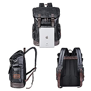 CHAO RAN Vintage Leather Laptop Backpack For Men, Men Black Leather Backpack Work Business Travel Waterproof Bags College Backpack Fit 17 Inch Laptop Black