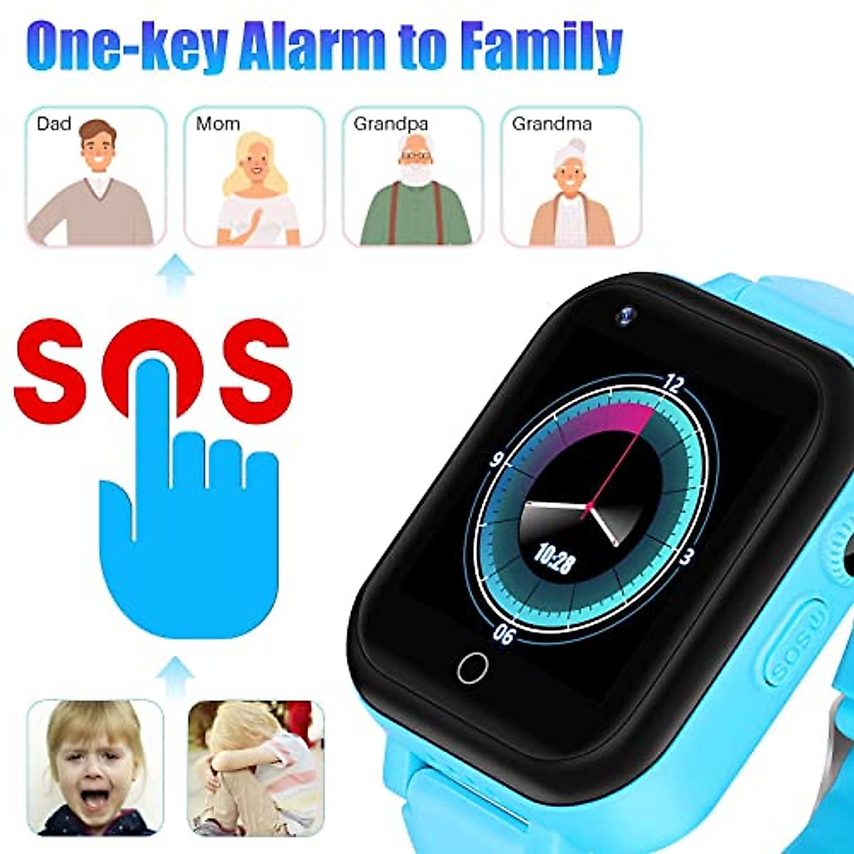 4G Kids Smart Watch w GPS Tracker, Phone Watch w Video Chat 3 Way-call Wi-Fi SOS Touch Screen Child Tracker Phone Watches Christmas Birthday Gift For Boys Girls 3-15 Years w Sim Slot Kids Watch